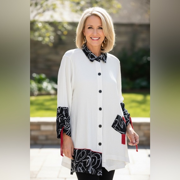 Ali Miles | Tops | Ali Miles Black White Textured Button Front Blouse ...